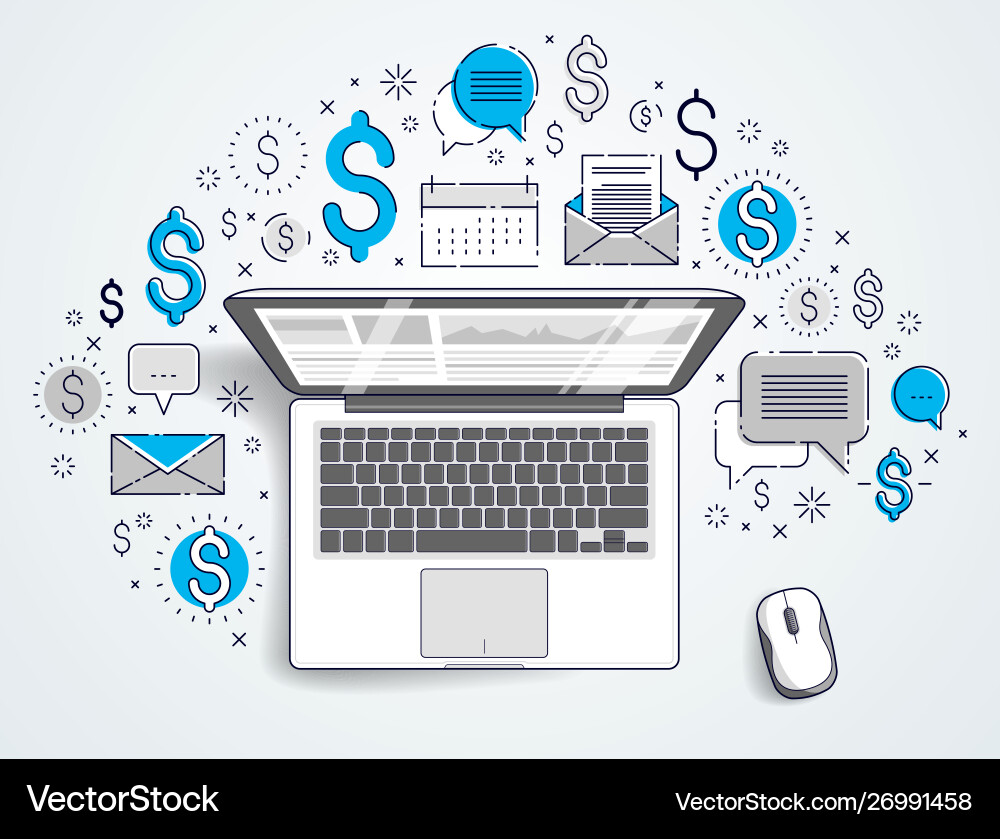 Laptop with statistics infographics and set Vector Image