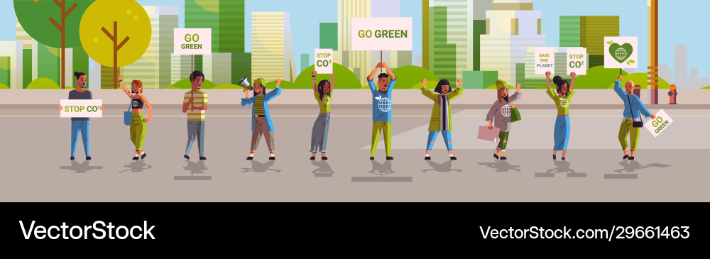 Environmental activists holding posters go green Vector Image