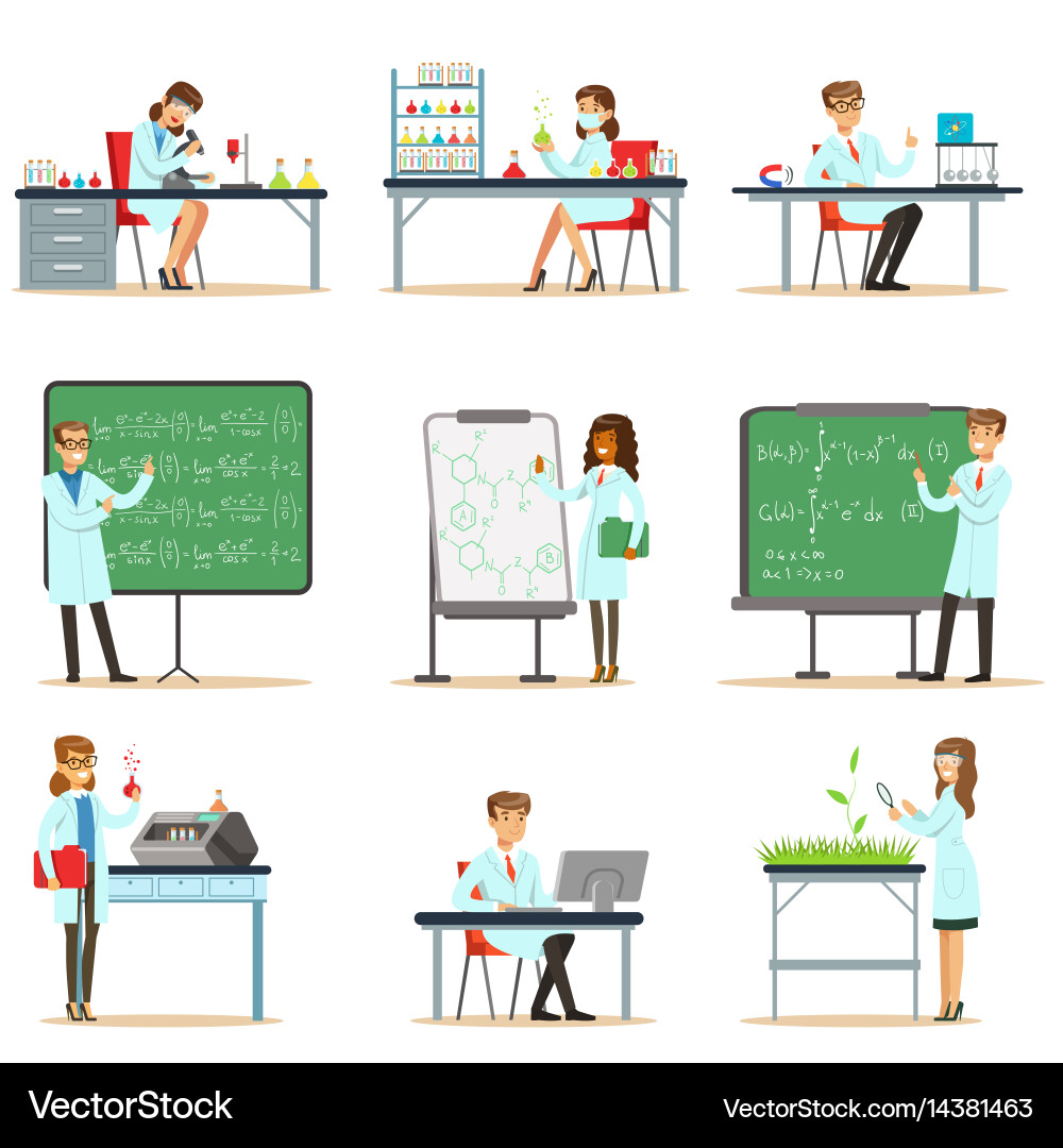 Scientists at work in a lab and an office series Vector Image