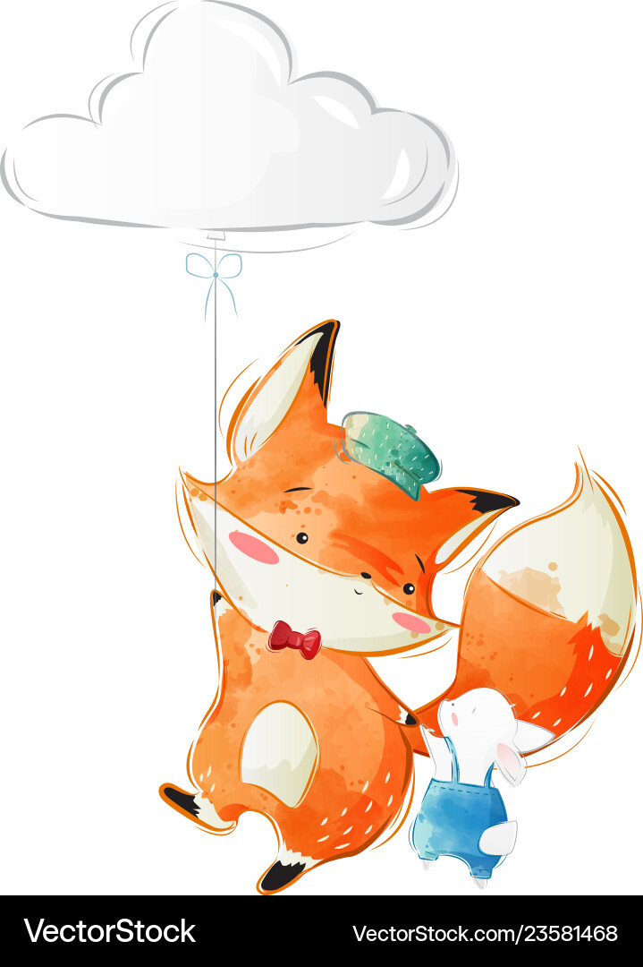 Cute fox and bunny flying with a cloud balloon Vector Image
