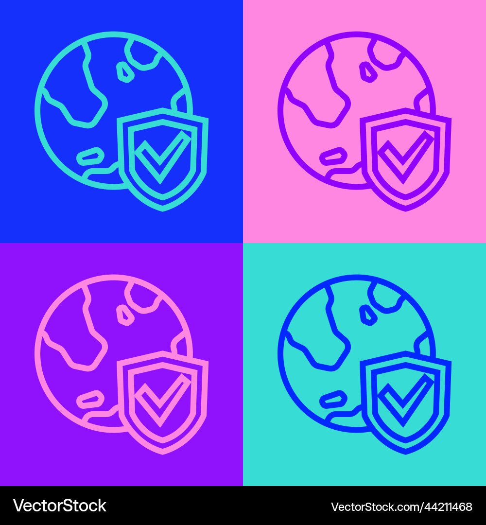 Pop art line shield with world globe icon isolated