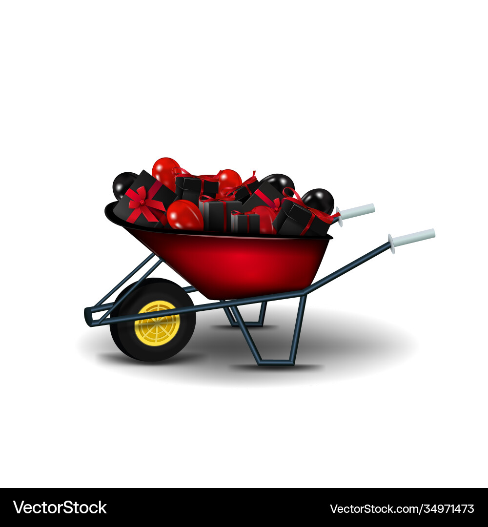 Garden red wheelbarrow with black presents Vector Image