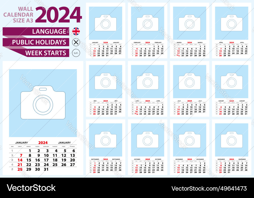 Wall calendar 2024 size a3 english language week Vector Image
