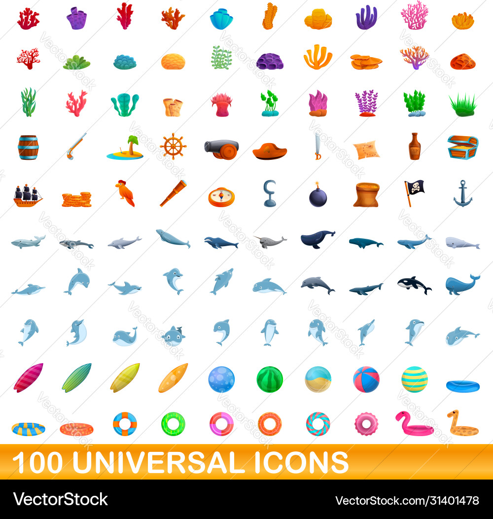 100 universal icons set cartoon style Royalty Free Vector