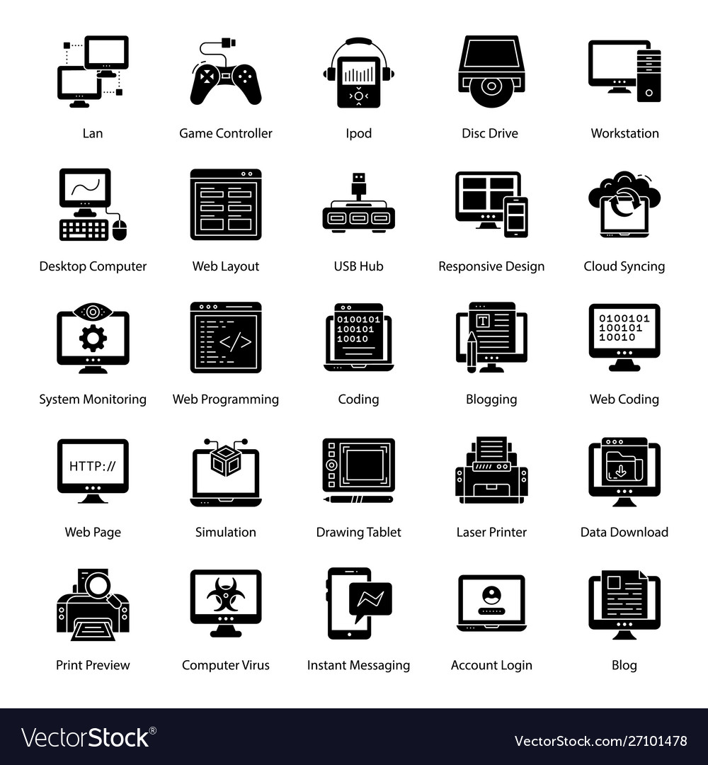 Computer components solid pack Royalty Free Vector Image
