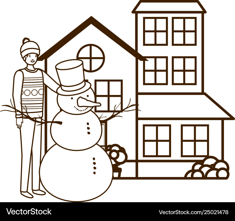 Man with snowman outside house Royalty Free Vector Image