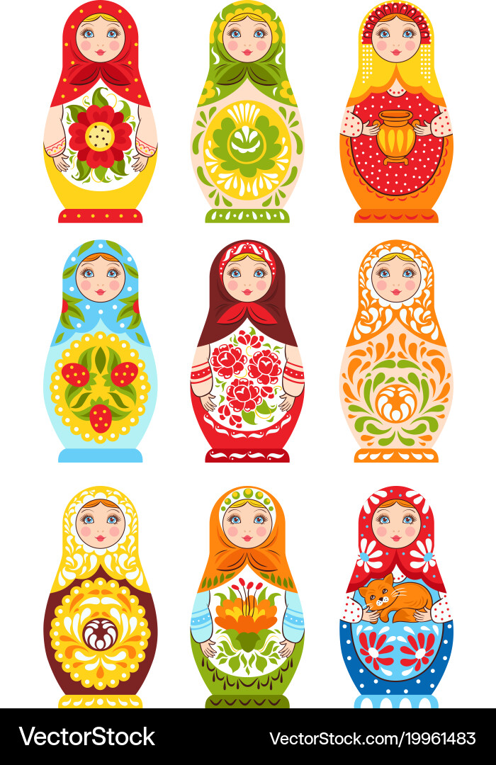 Set of nine colorful nesting dolls Royalty Free Vector Image