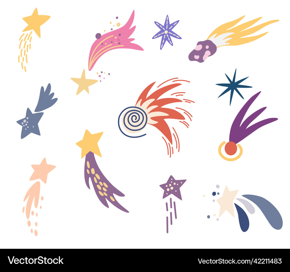 Shooting stars set comet tail or star trail Vector Image