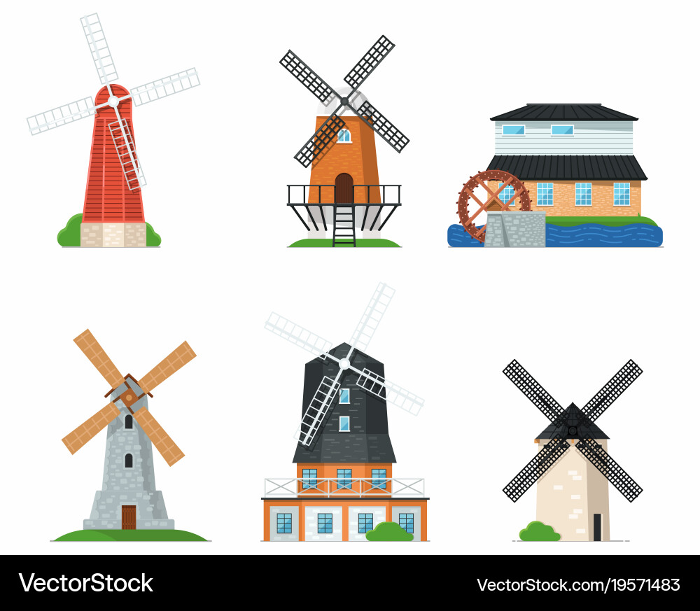 Traditional old windmill buildings on white set Vector Image