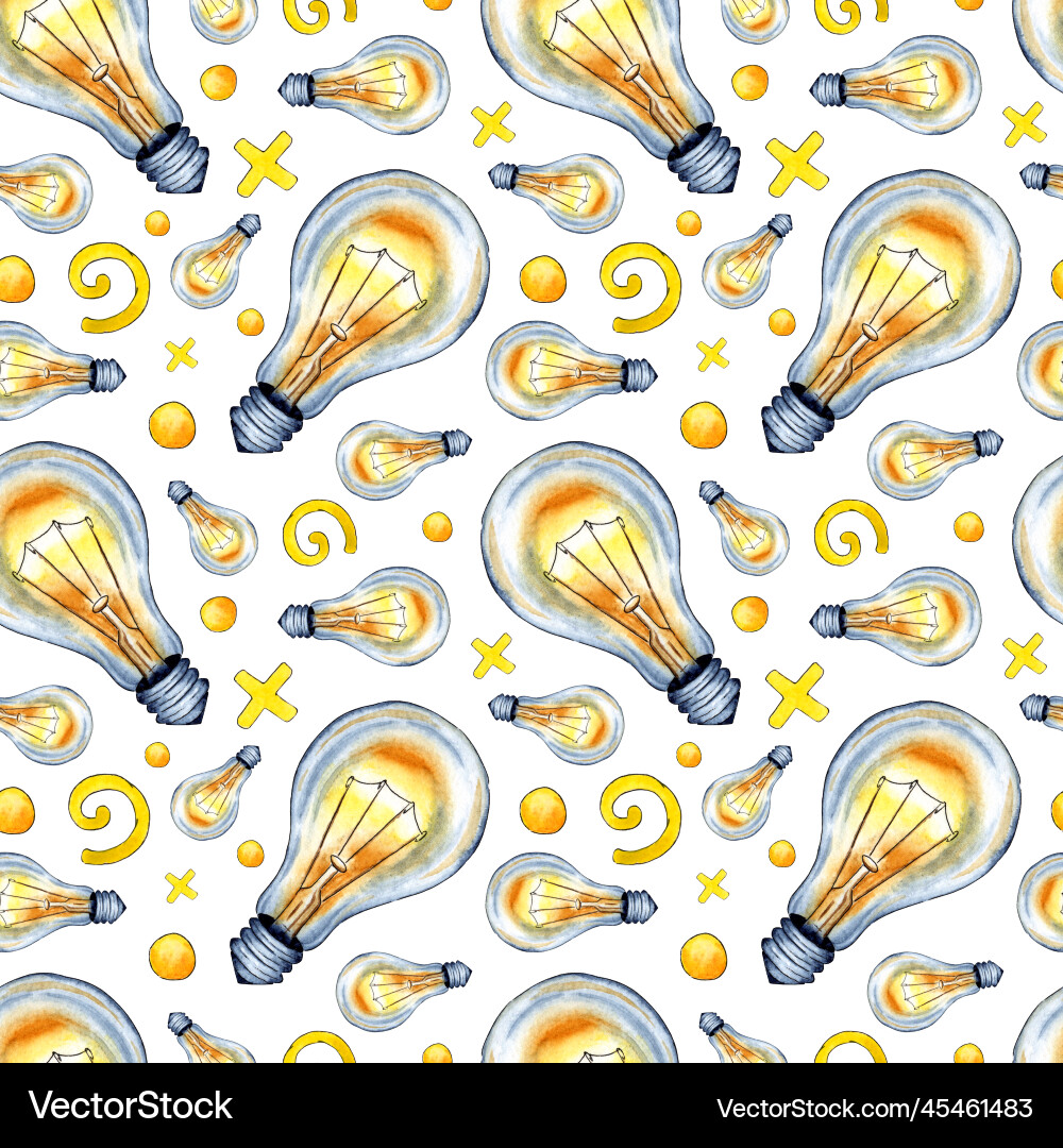 Watercolor pattern of yellow glowing light bulb Vector Image