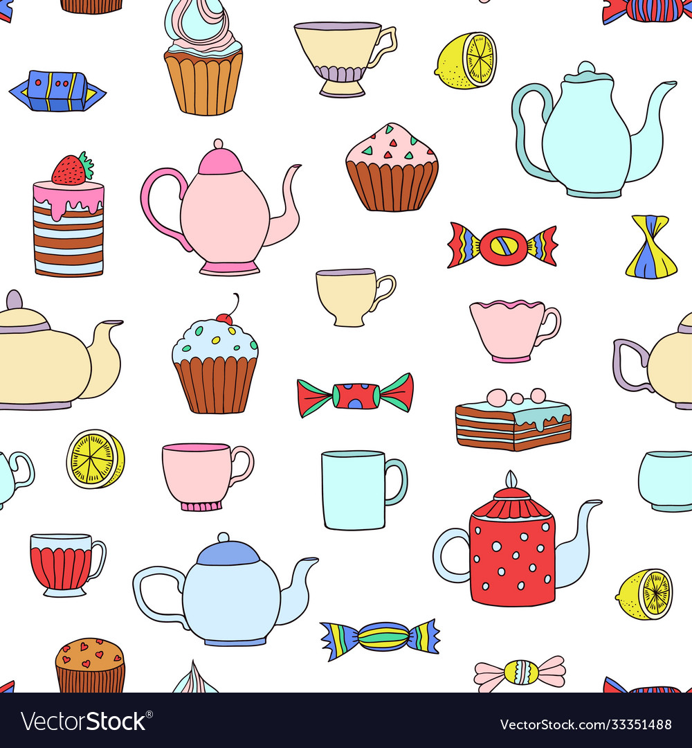 Cute seamless pattern with tea time elements Vector Image
