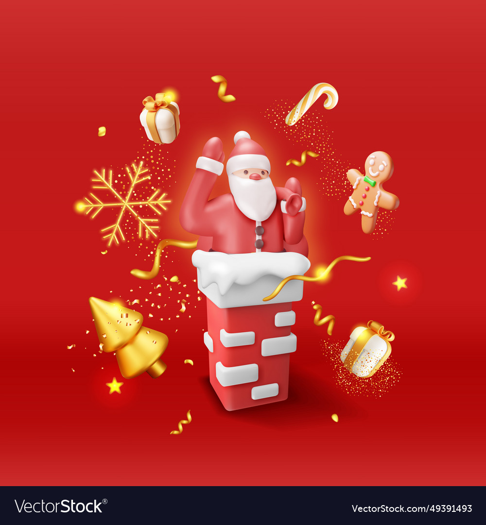 3d santa claus with bag in house chimney Vector Image