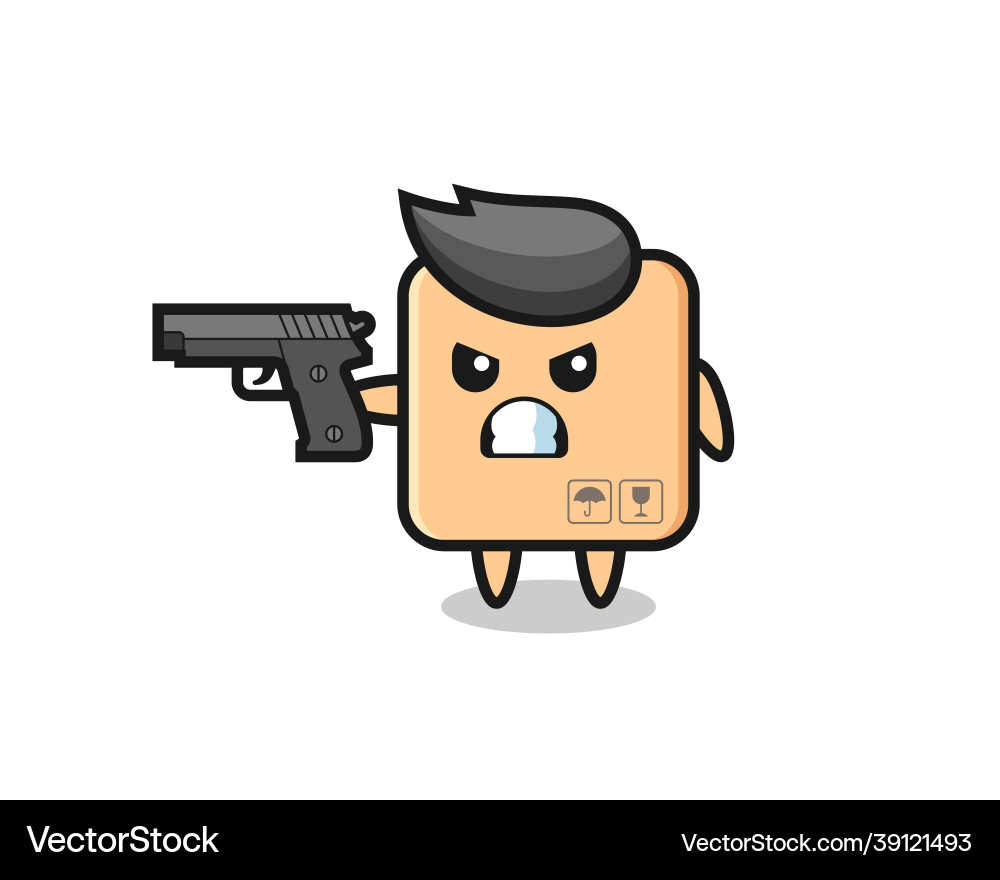 Cute cardboard box character shoot with a gun Vector Image