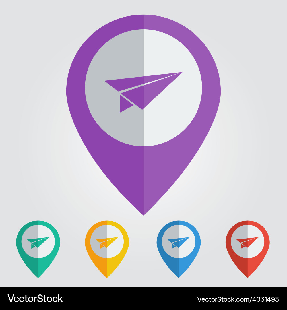 Flat color pins with paper plane icon Royalty Free Vector