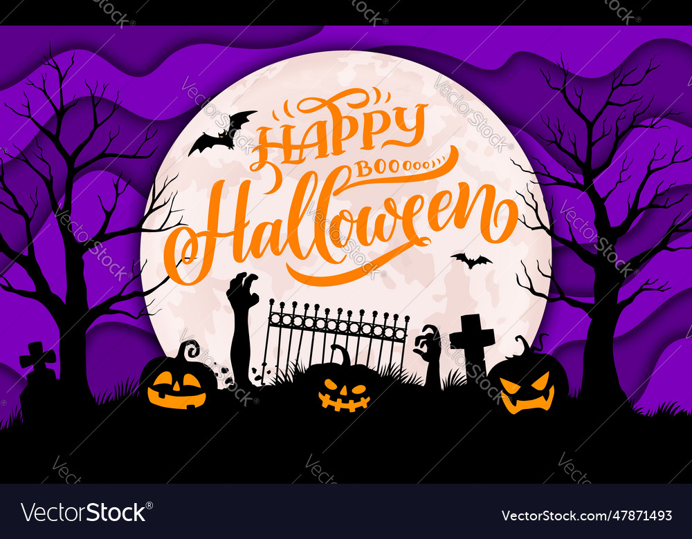 Halloween cemetery silhouette paper cut landscape Vector Image