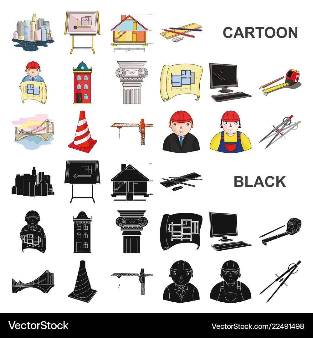 Architecture and construction cartoon icons in set