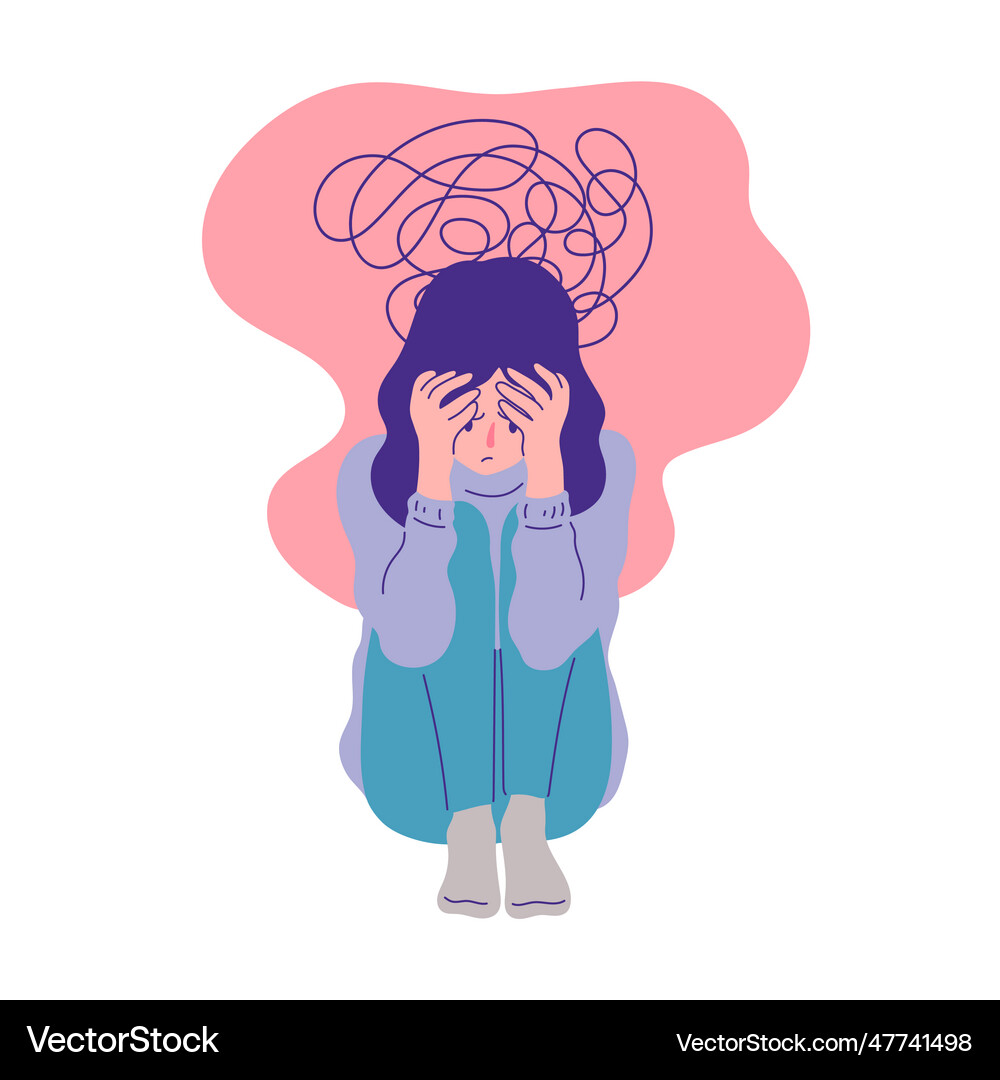 Depressed woman sitting face palm pose flat linear