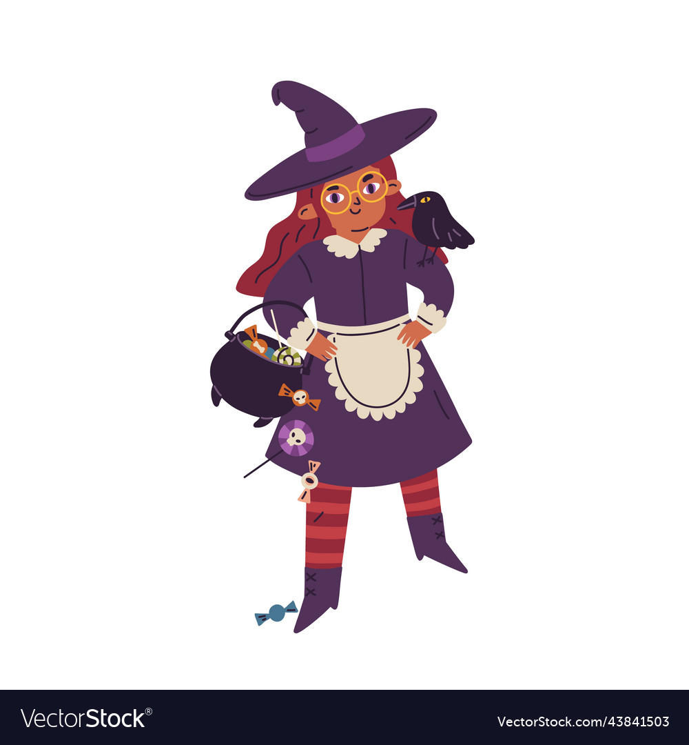 Girl in halloween costume and witch hat cute kid Vector Image