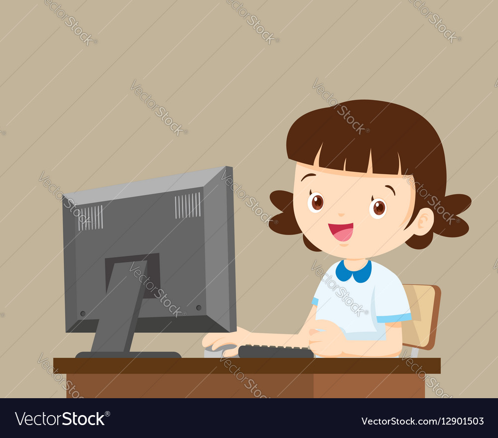 Student girl working with computer Royalty Free Vector Image