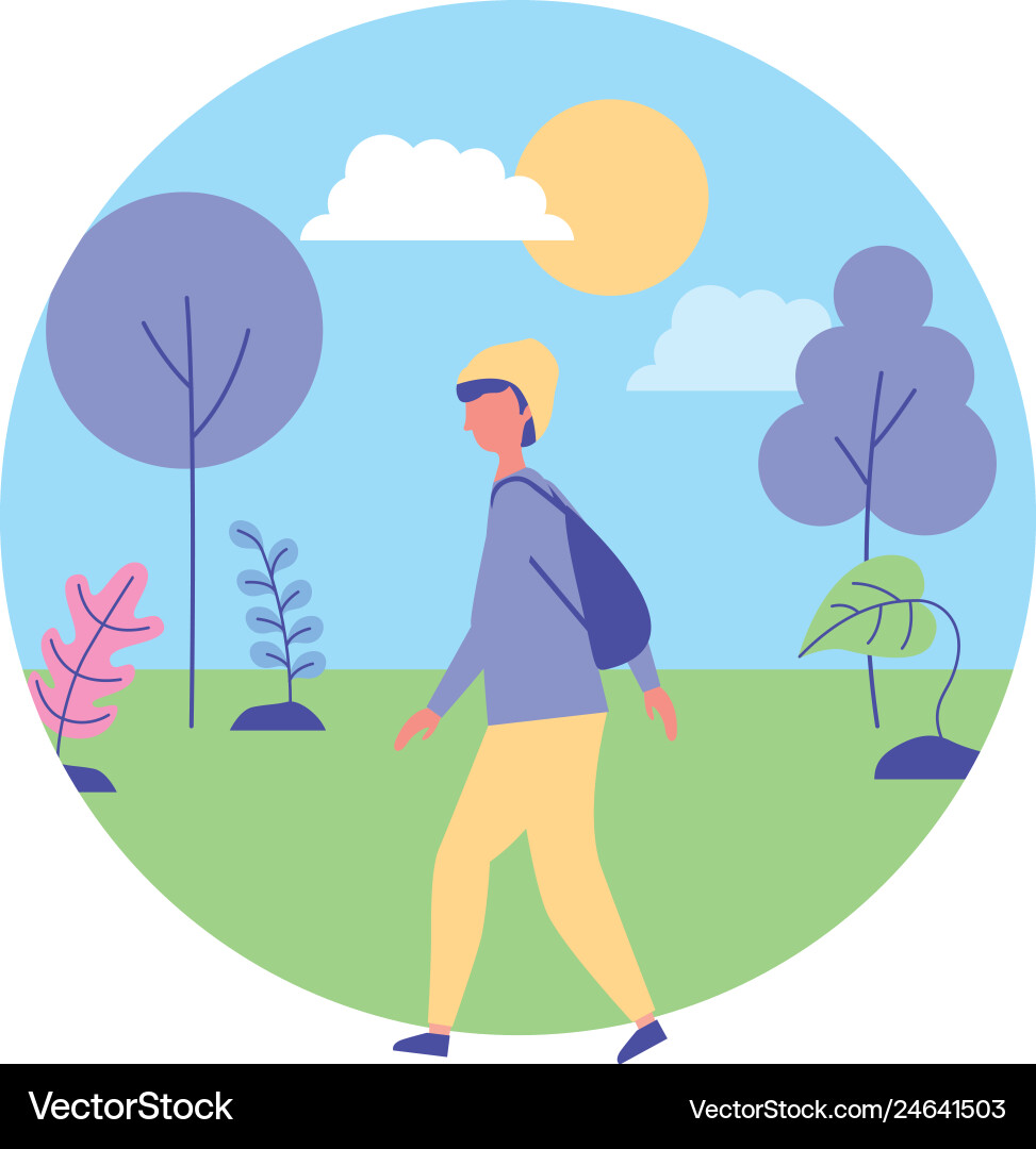 Young man walking in the outdoors landscape Vector Image