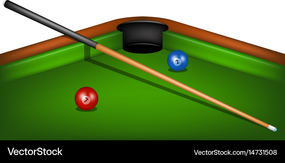 Billiard table with billiard cue and billiard ball