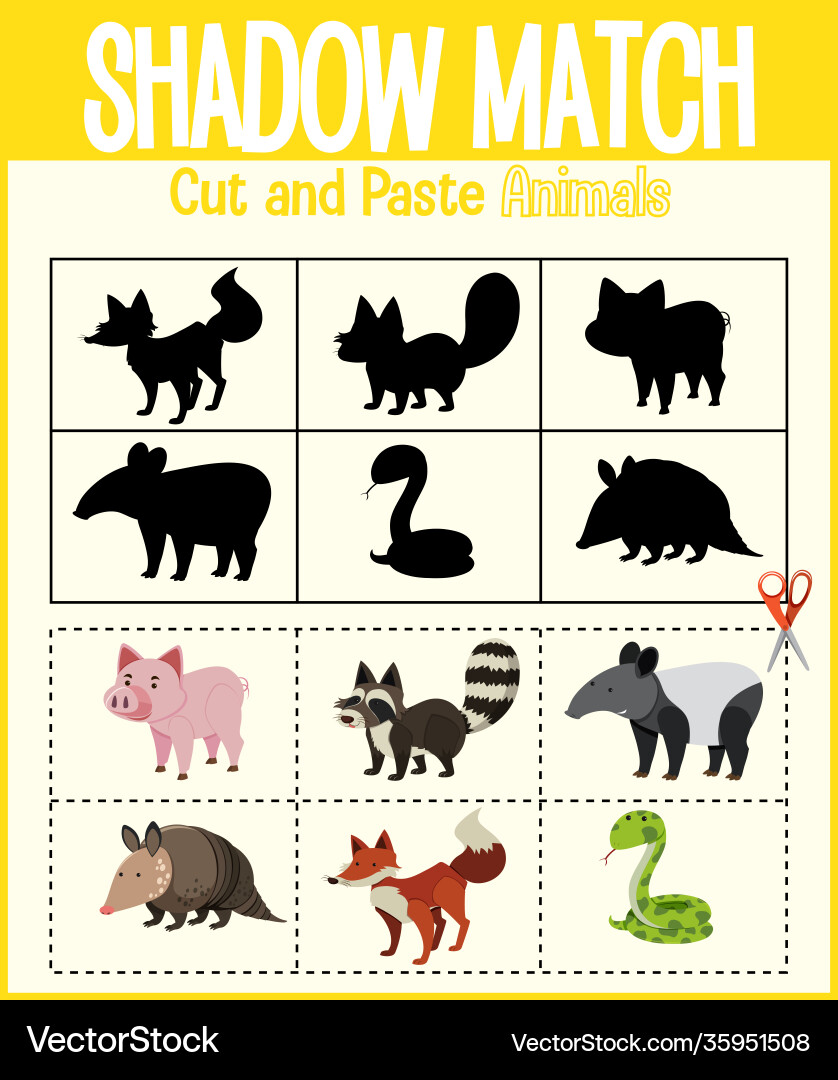 Find correct shadow shadow match worksheet Vector Image