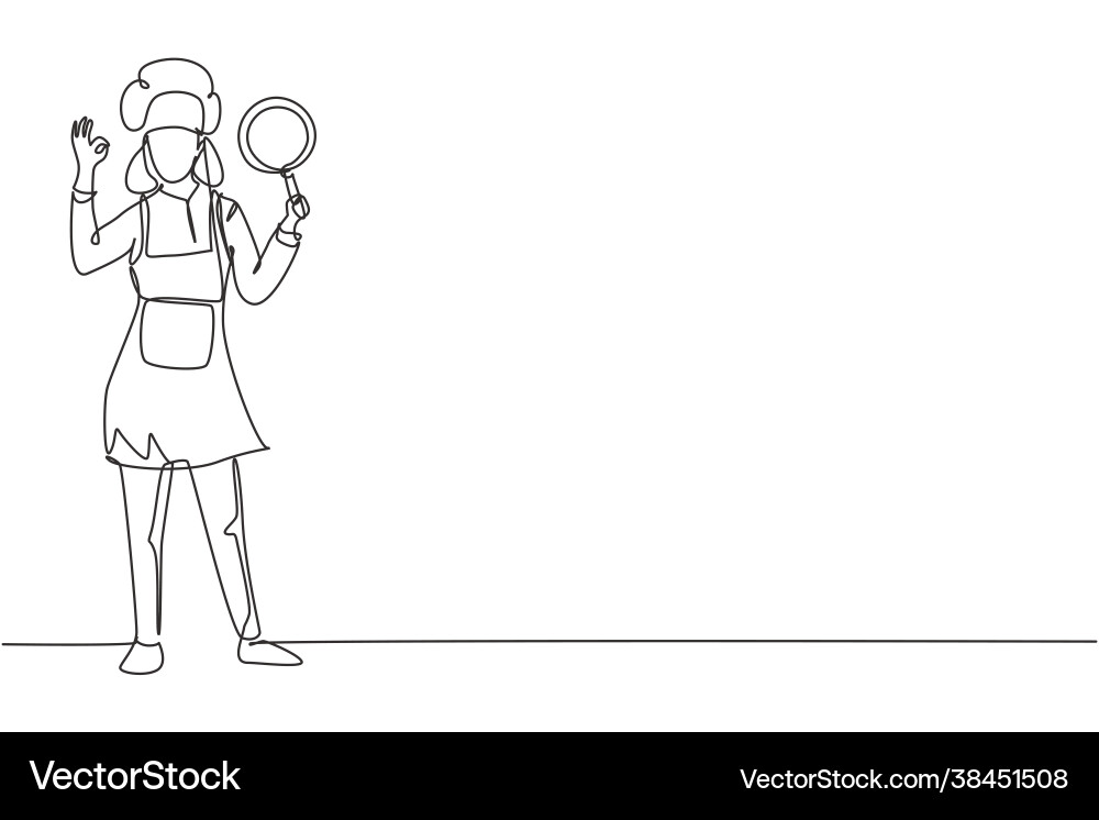 Single one line drawing female chef stands with Vector Image