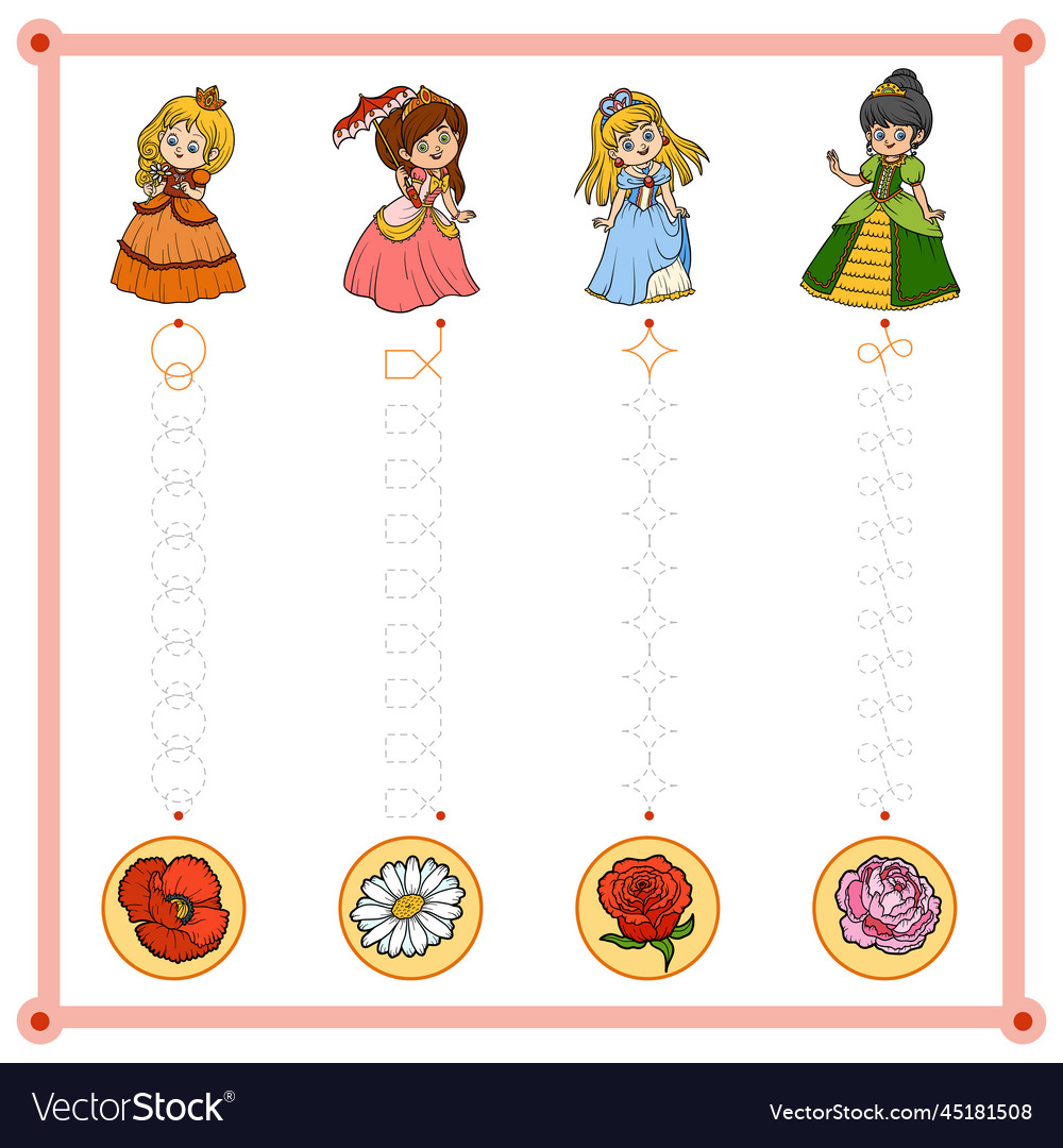 Trace the dotted lines from princesses to flowers Vector Image