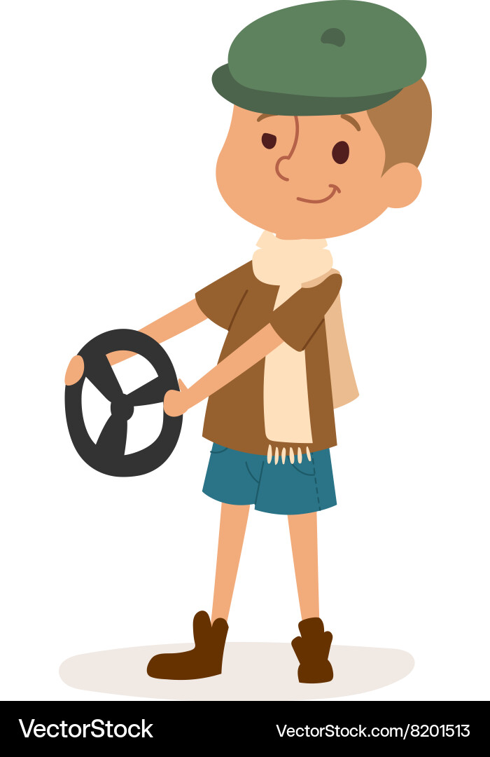 Driver boy with car rudder cute cartoon Royalty Free Vector