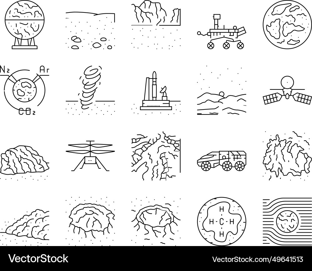 Mars planet space astronomy icons set Royalty Free Vector