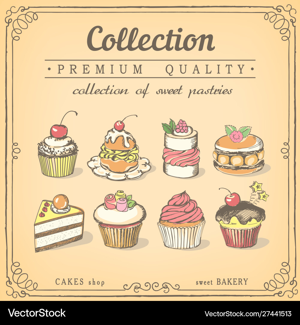 Set hand-drawn icons pastries collection Vector Image