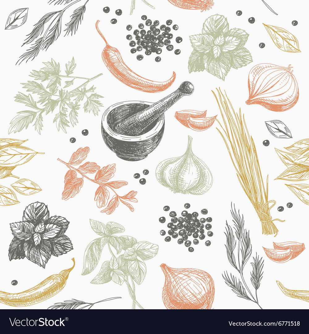 Seamless pattern with herbs and spices Royalty Free Vector