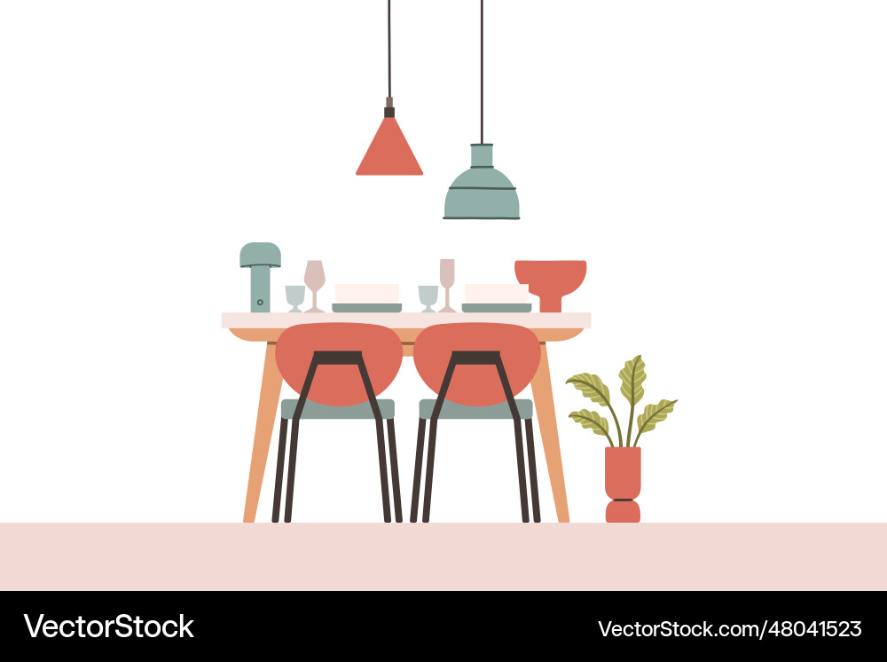 Dining table in kitchen with chairs plates and Vector Image