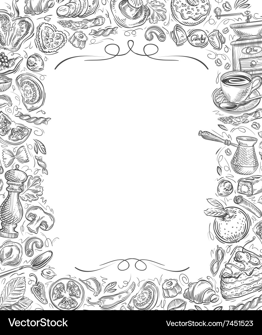 Menu sketches drawn food and drinks Royalty Free Vector