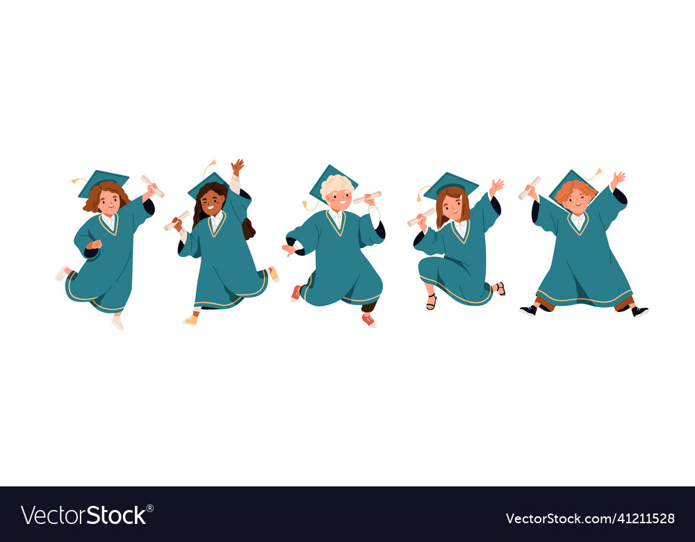 Children in graduation gowns and caps set happy Vector Image