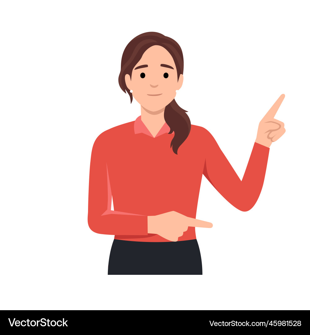 Smiling woman pointing up flat Royalty Free Vector Image