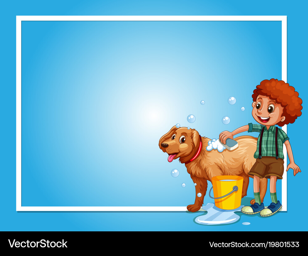 Border template with boy washing dog Royalty Free Vector
