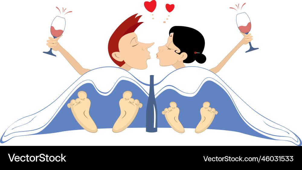 Love couple rendezvous bed and drinking Royalty Free Vector