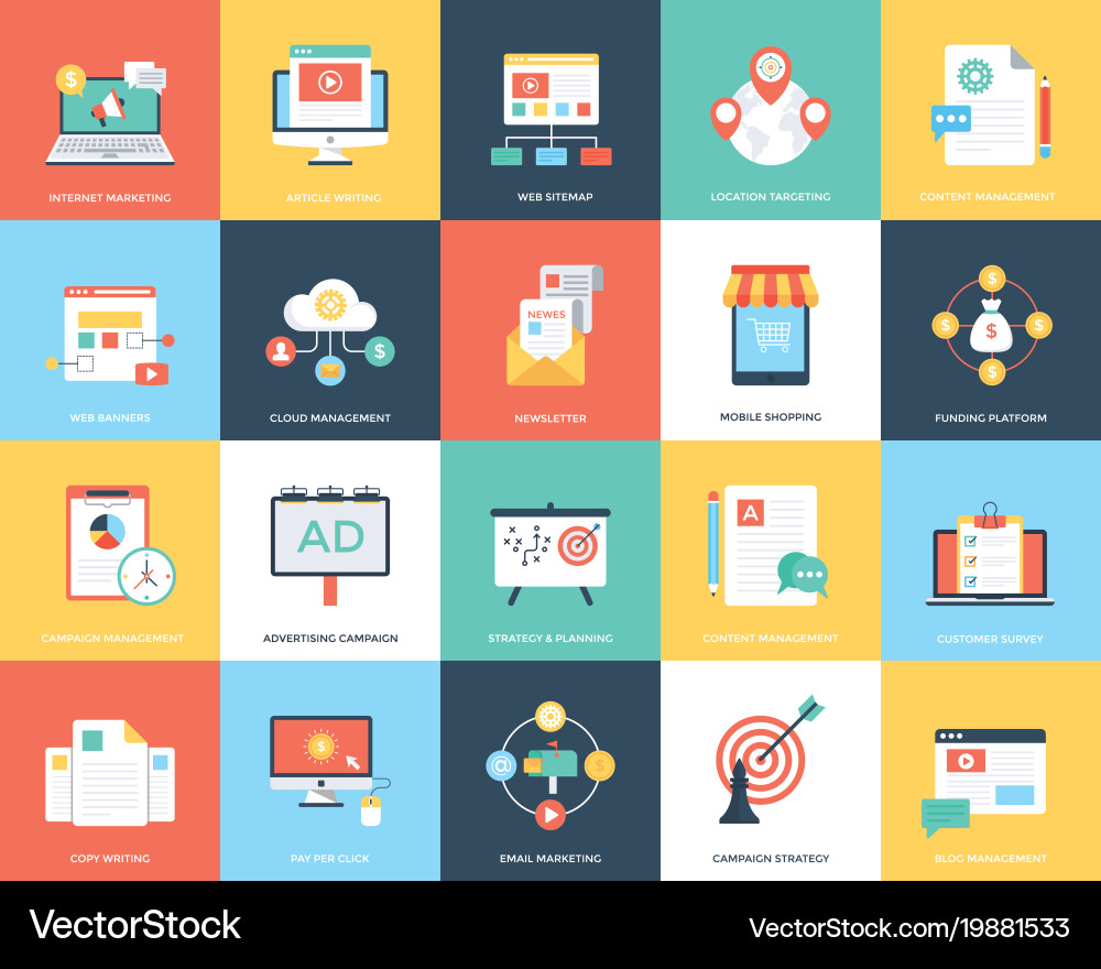 Pack of digital marketing flat Royalty Free Vector Image