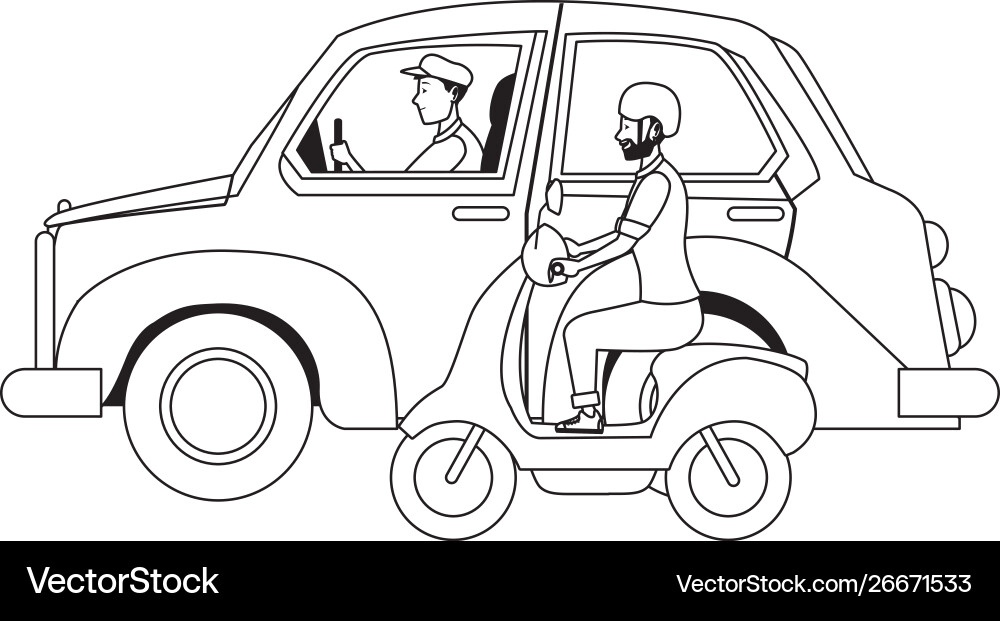 Vehicle and motorcycle with drivers riding Vector Image
