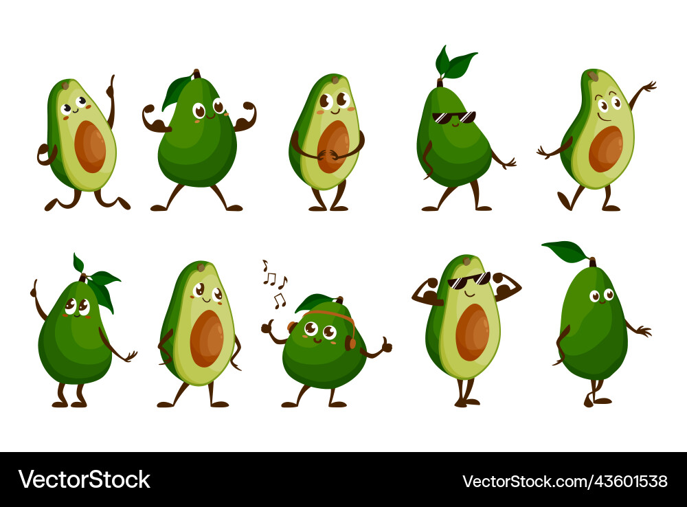 Avocado smileys funny characters set Royalty Free Vector