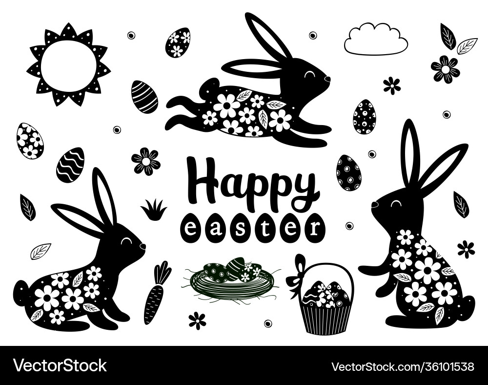 Set isolated black easter bunny and eggs Vector Image