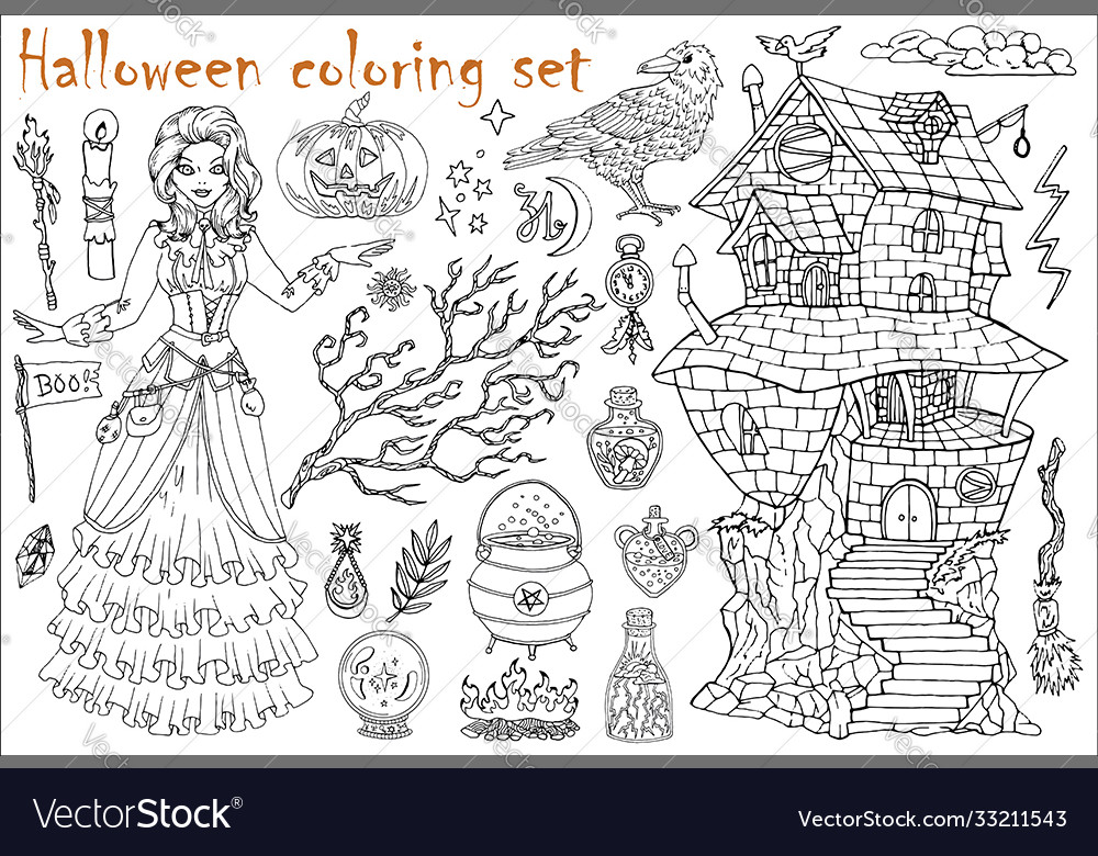 Halloween coloring set with beautiful witch girl Vector Image