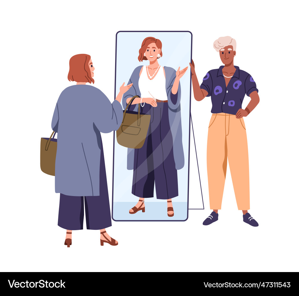 Woman looking at mirror reflection new image Vector Image