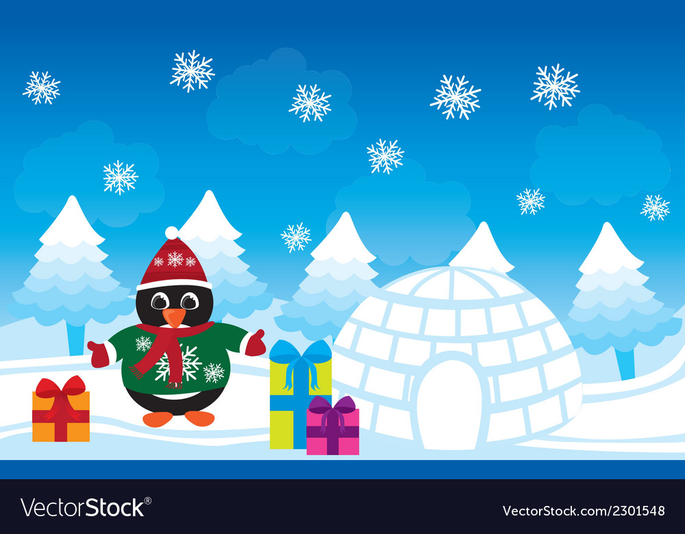 Cartoon penguin christmas winter landscape Vector Image