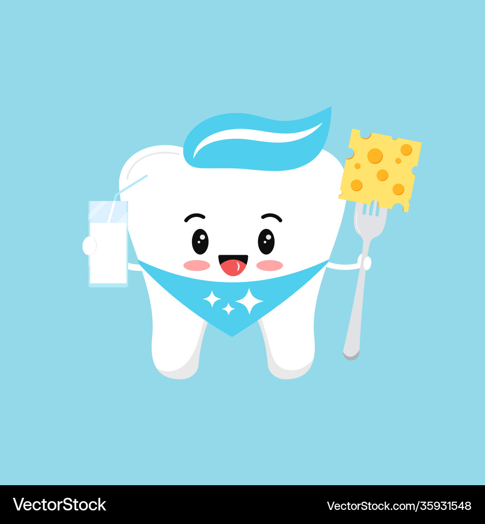 Cute tooth molar with milk and cheese on fork Vector Image