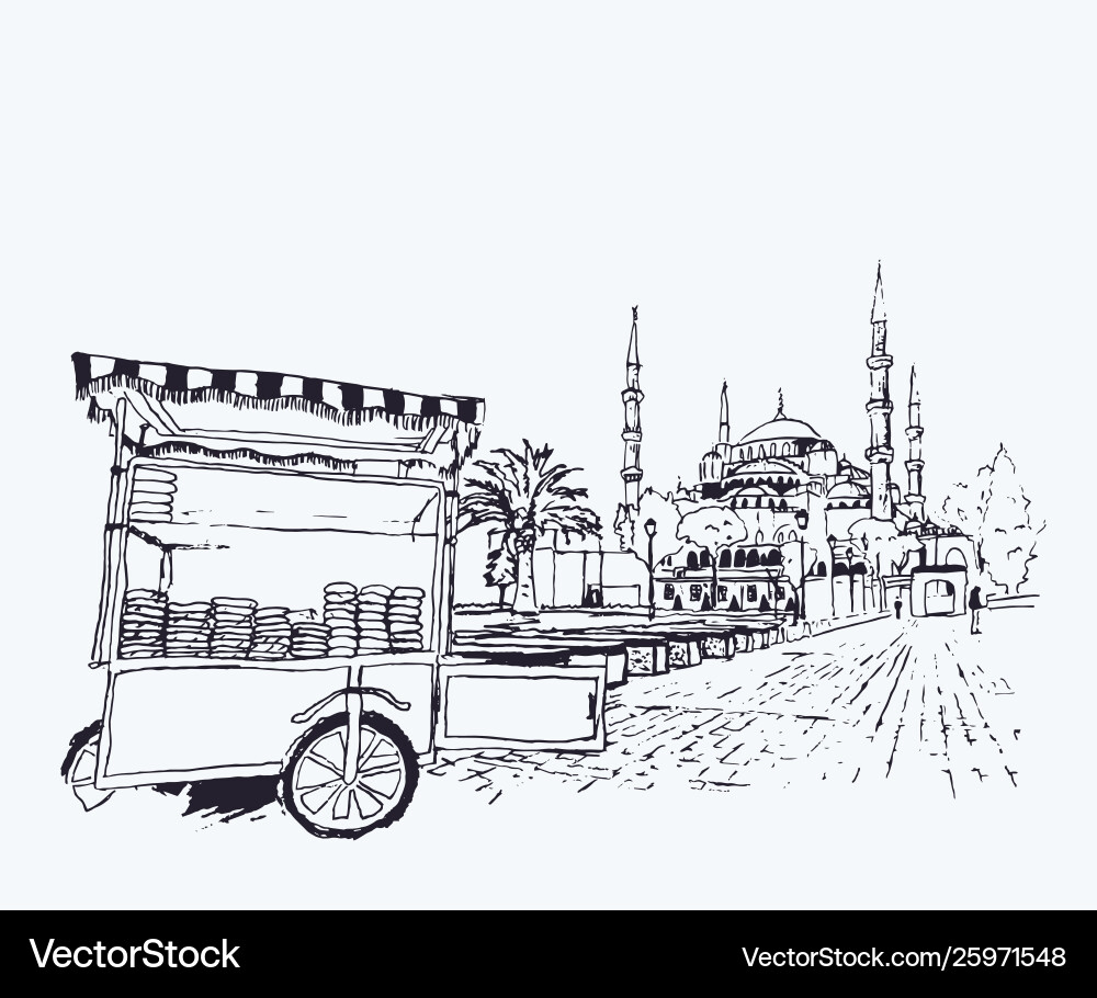 Digital blue mosque and simit vendor cart Vector Image
