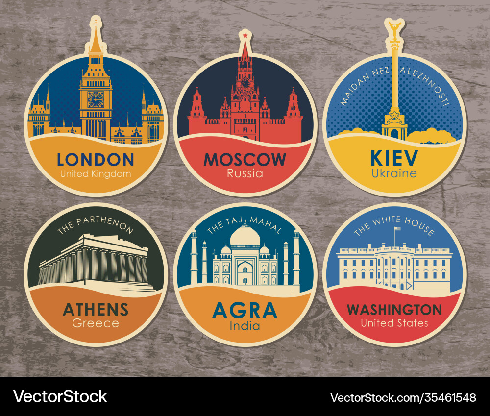Set stickers with sights various countries Vector Image
