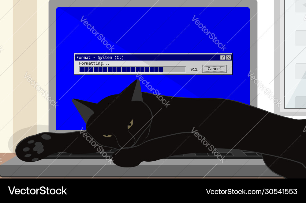 Black cat formatted drive c on a laptop Royalty Free Vector
