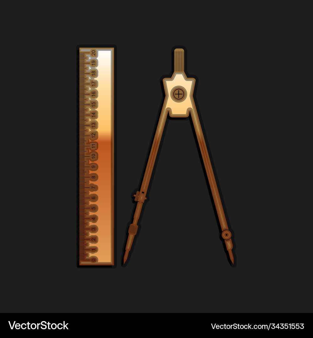 Gold ruler and drawing compass icon isolated Vector Image